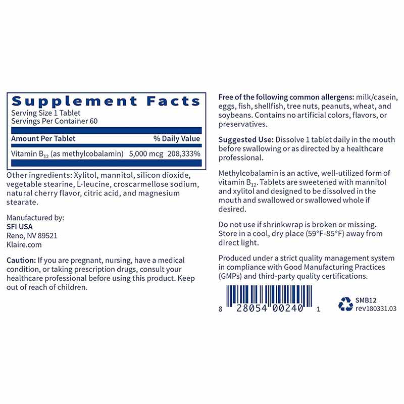 Methylcobalamin 5000 Mcg, Klaire Labs